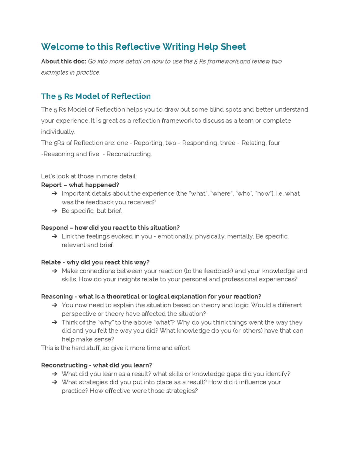 Reflective Writing Help Sheet - Welcome to this Reflective Writing Help ...