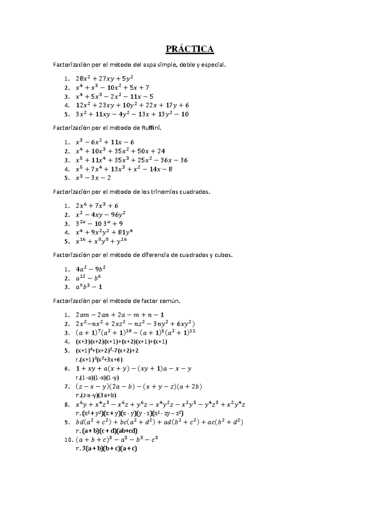 Práctica de factorizacion - PRÁCTICA Factorización por el método del ...