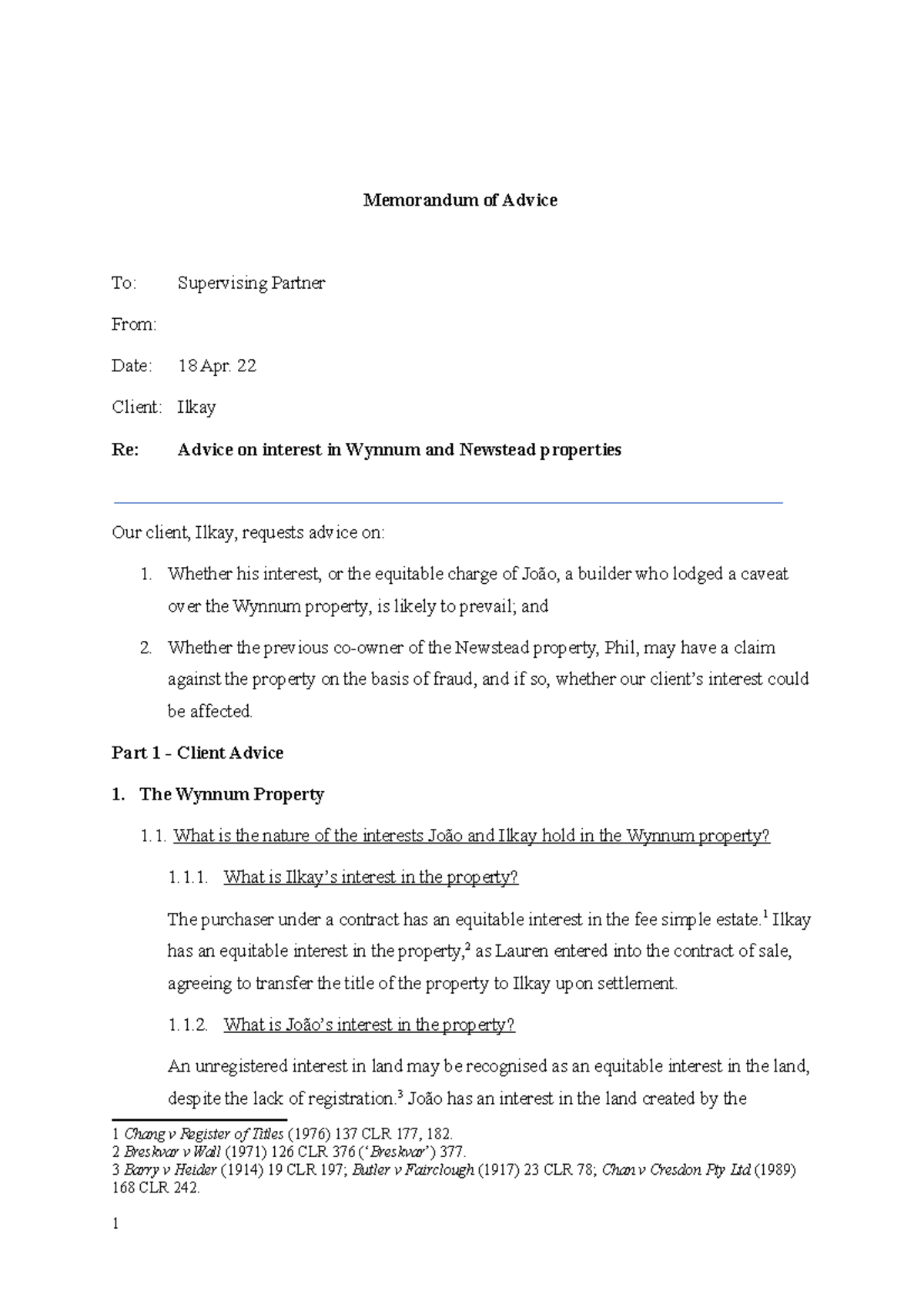 Memo of Advice - Memorandum of Advice To: Supervising Partner From ...