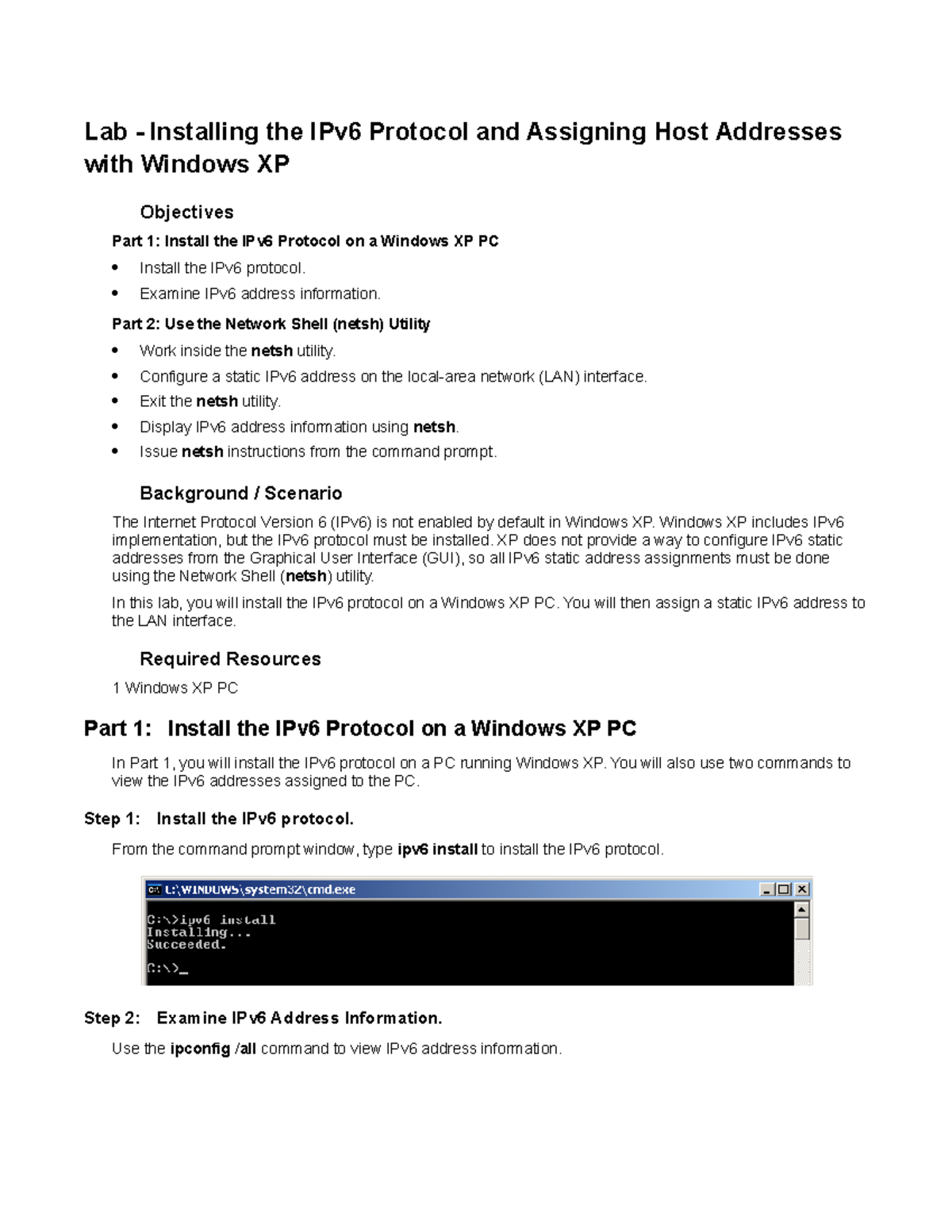 0.0.0.2 Lab - Installing the IPv6 Protocol with Windows XP - Lab ...