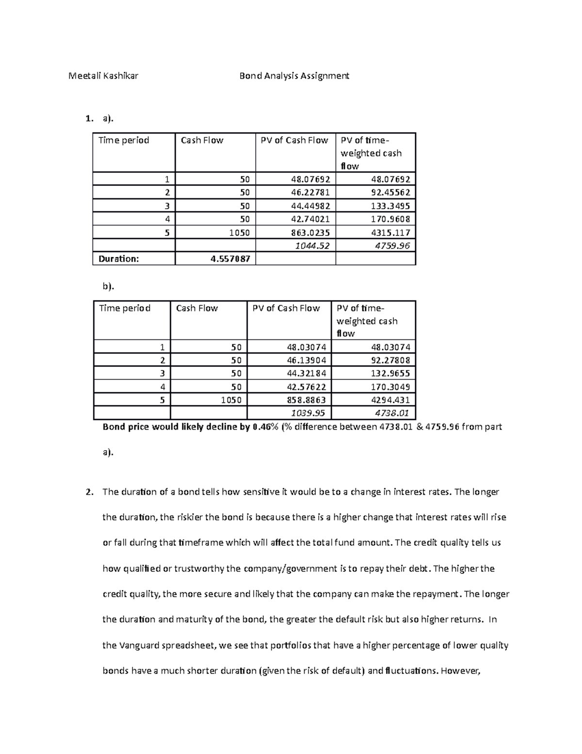 Bond Analysis - a). Time period Cash Flow PV of Cash Flow PV of time ...