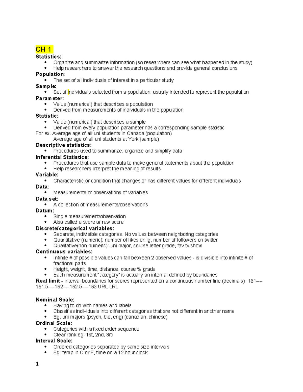 Statistics midterm 1 - math - CH 1 Statistics: Organize and summarize ...