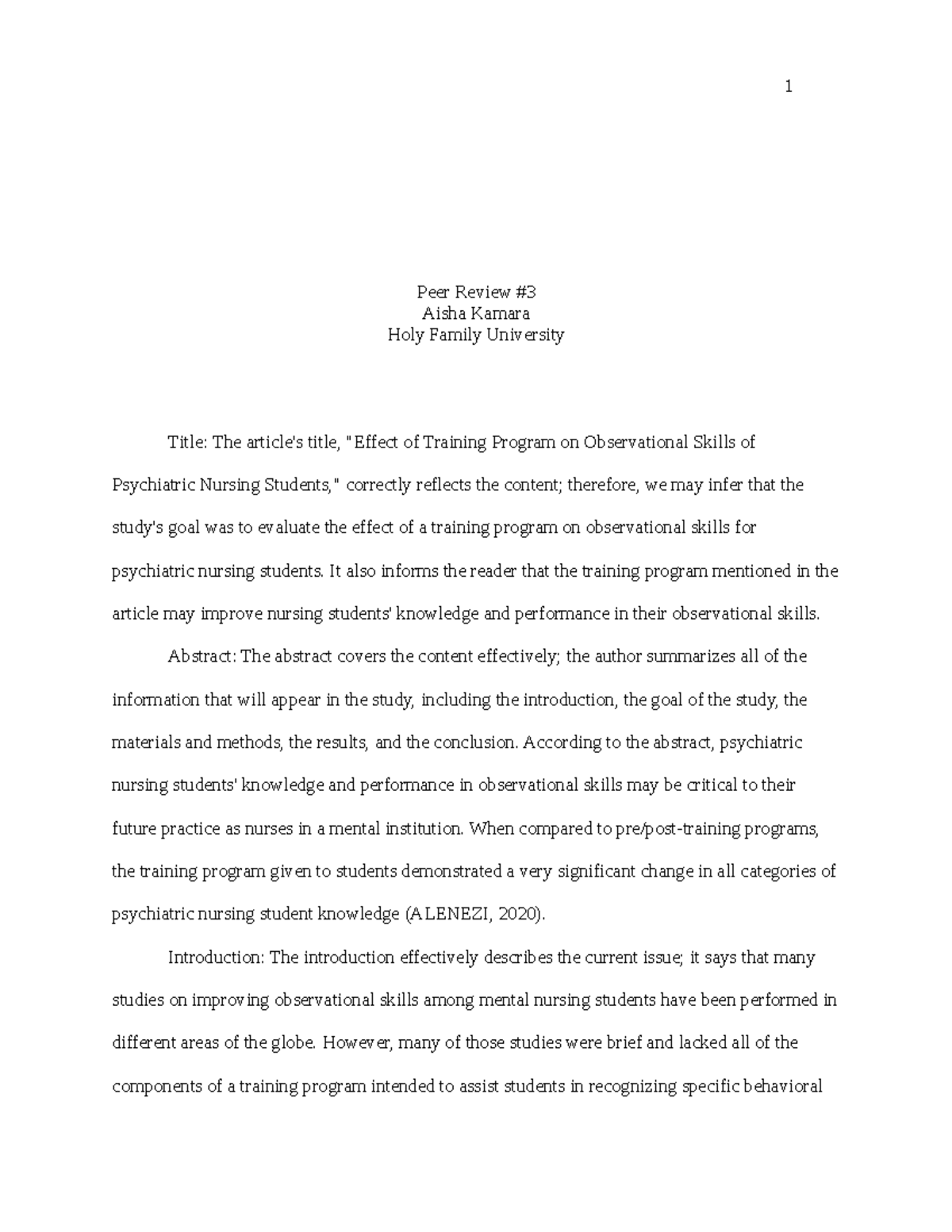 SBS- Peer review #3 - 1 Peer Review # Aisha Kamara Holy Family ...