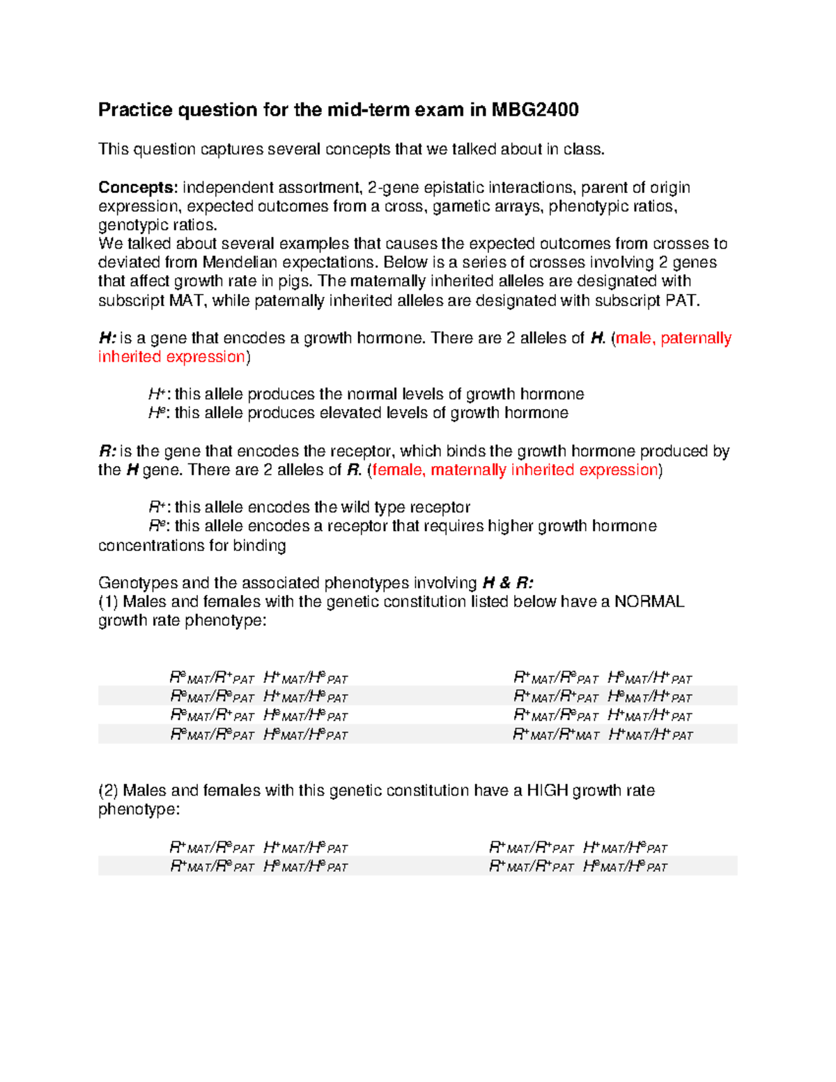 Practice questions - Concepts: independent assortment, 2-gene epistatic ...