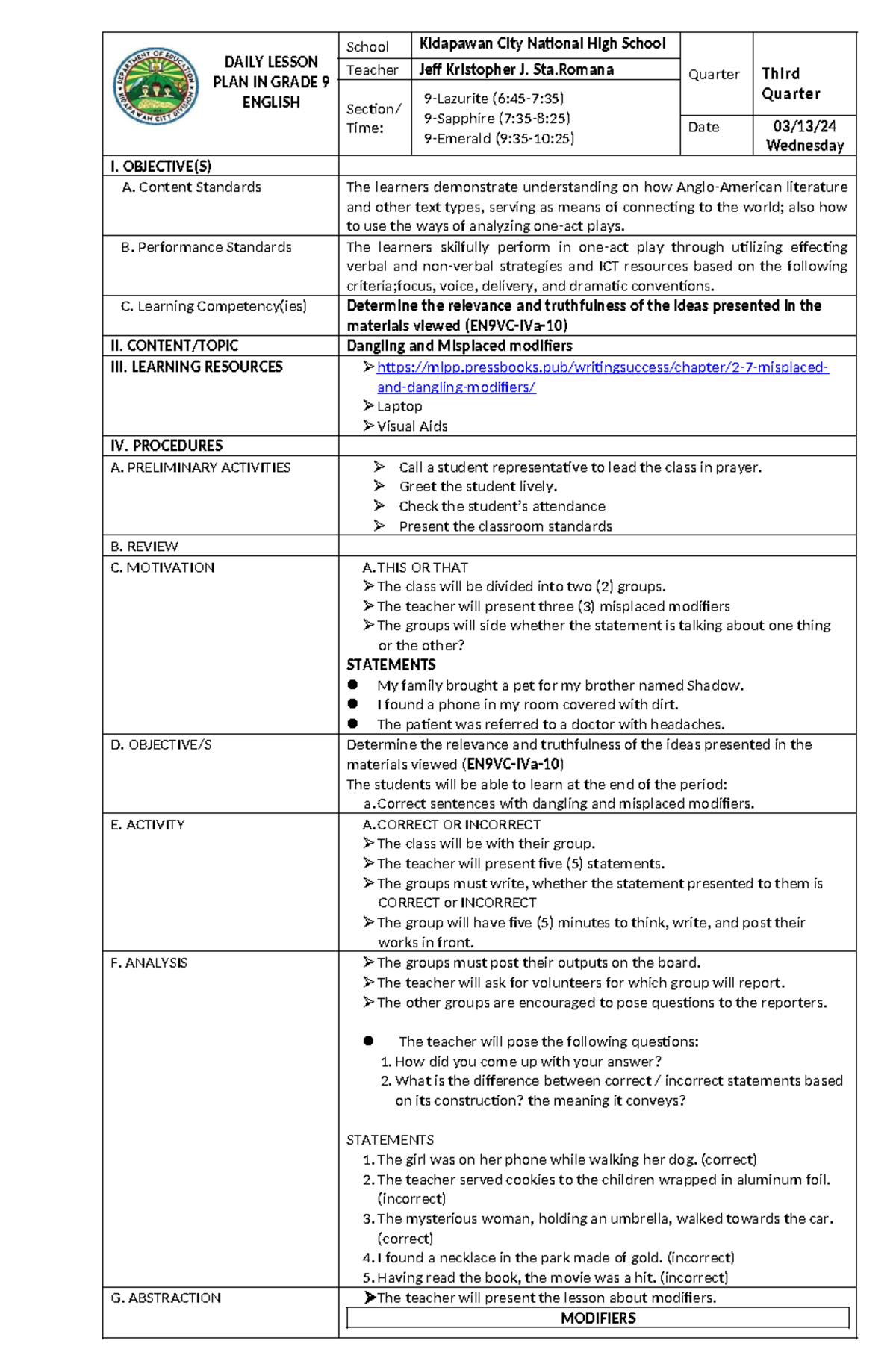 Dangling and Misplaced Modifiers - DAILY LESSON PLAN IN GRADE 9 ENGLISH ...
