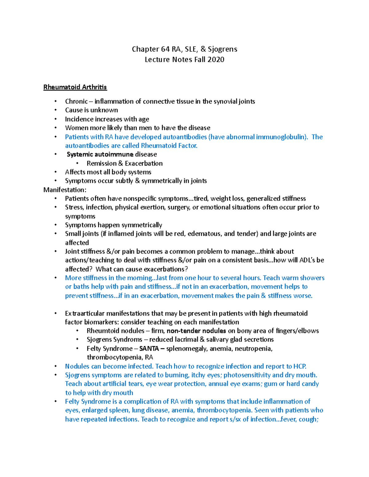 Unit 5, Ch. 64 Lecture Notes - Chapter 64 RA, SLE, & Sjogrens Lecture ...