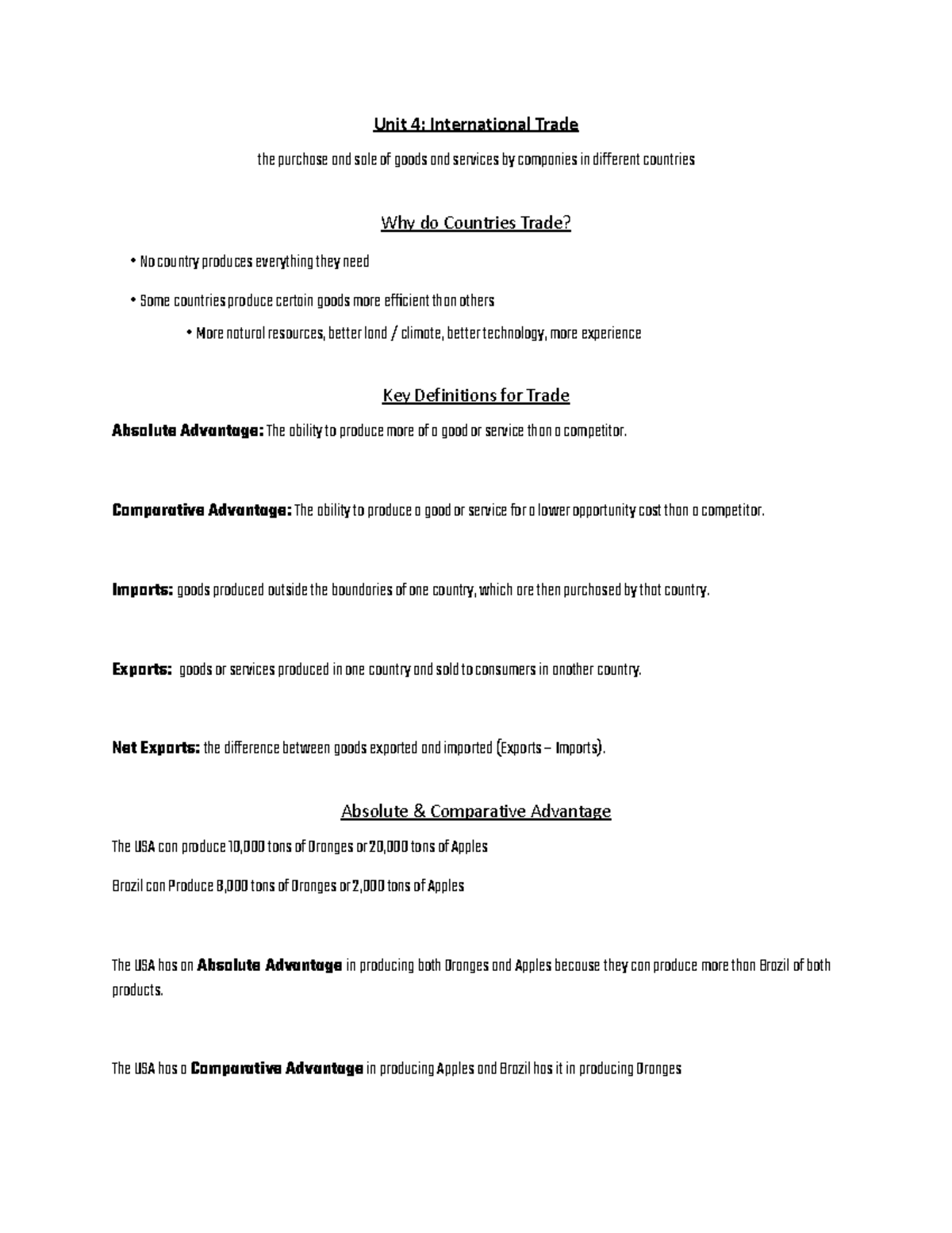 Unit 4 Outline Notes - Unit 4: International Trade the purchase and ...