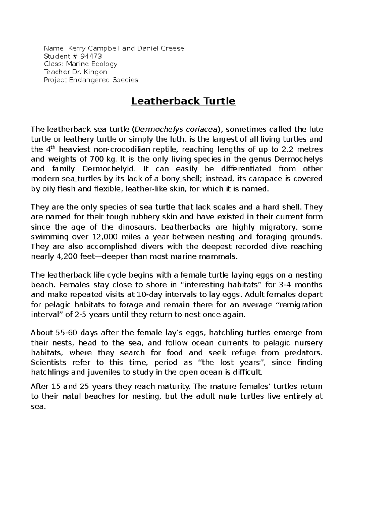 Leatherback Turtle Endangered Species Report - Name: Kerry Campbell and ...