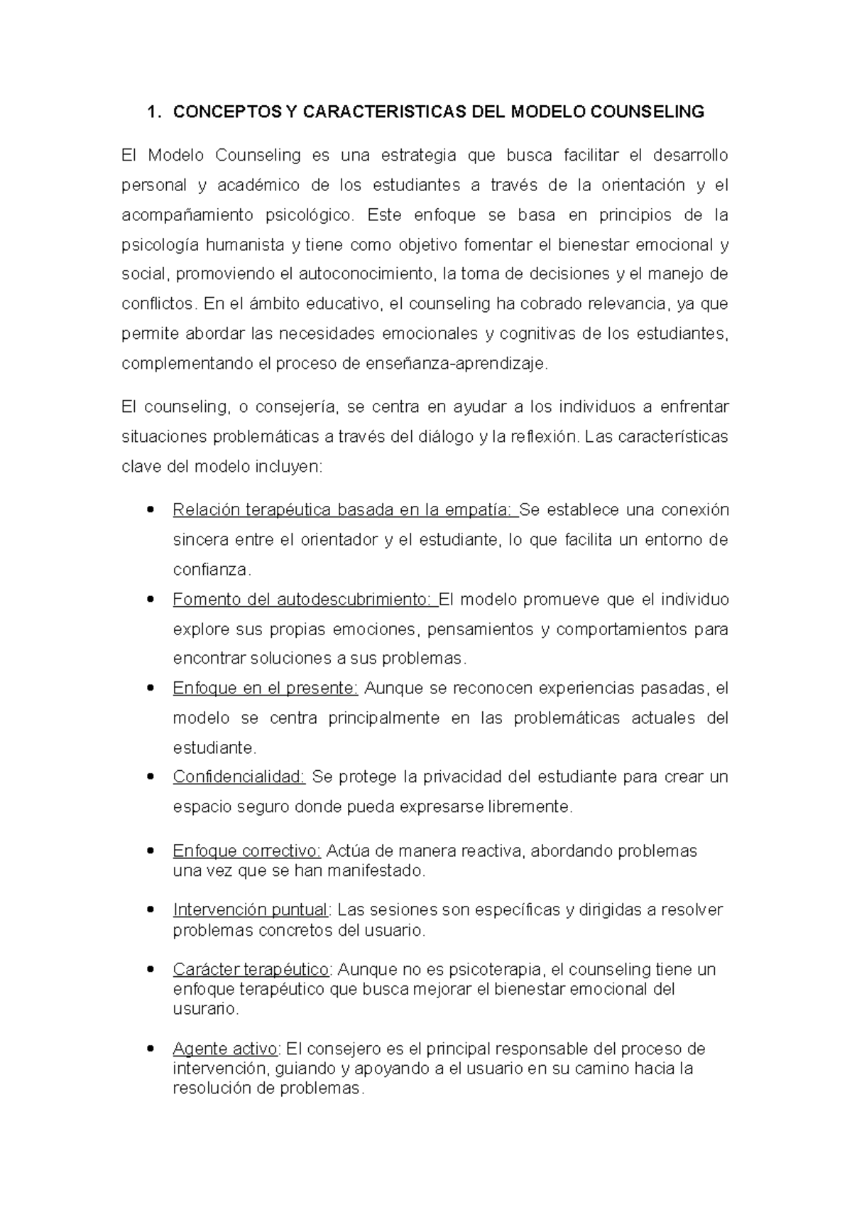 Modelo Counseling terminado - 1. CONCEPTOS Y CARACTERISTICAS DEL MODELO ...