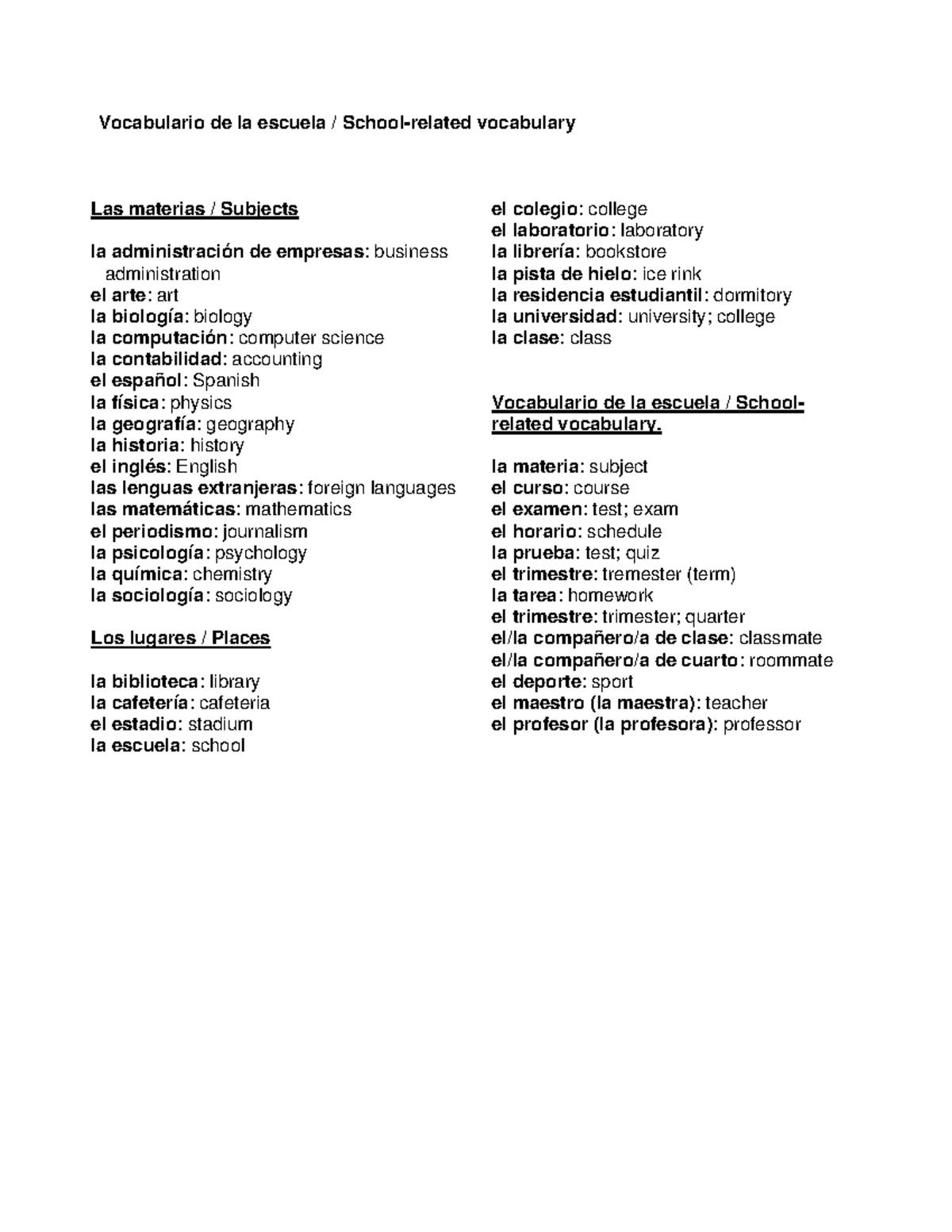 Vocabulario de la escuela - la materia: subject el curso: course el ...