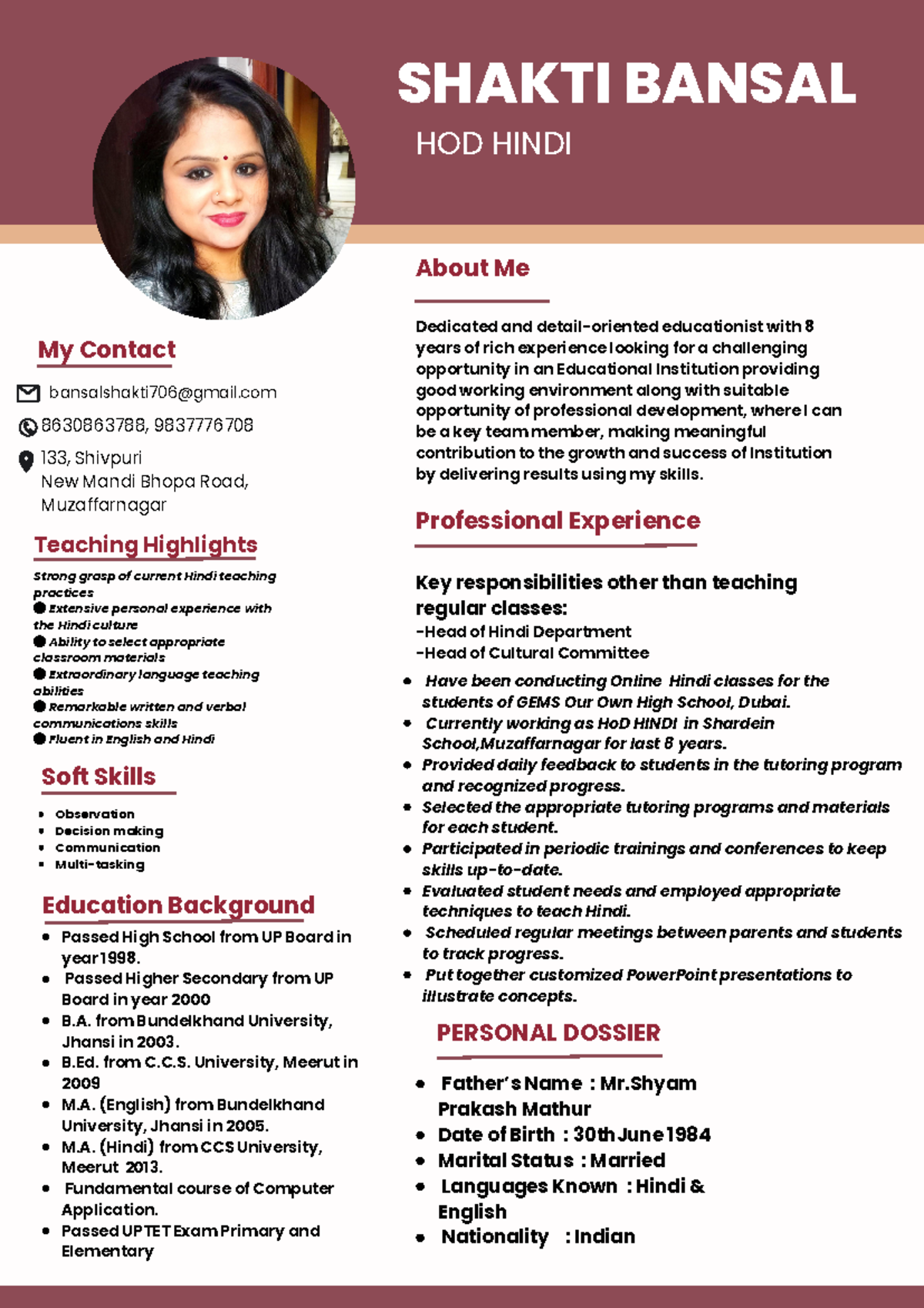 Resume - SHAKTI BANSAL HOD HINDI About Me Professional Experience ...