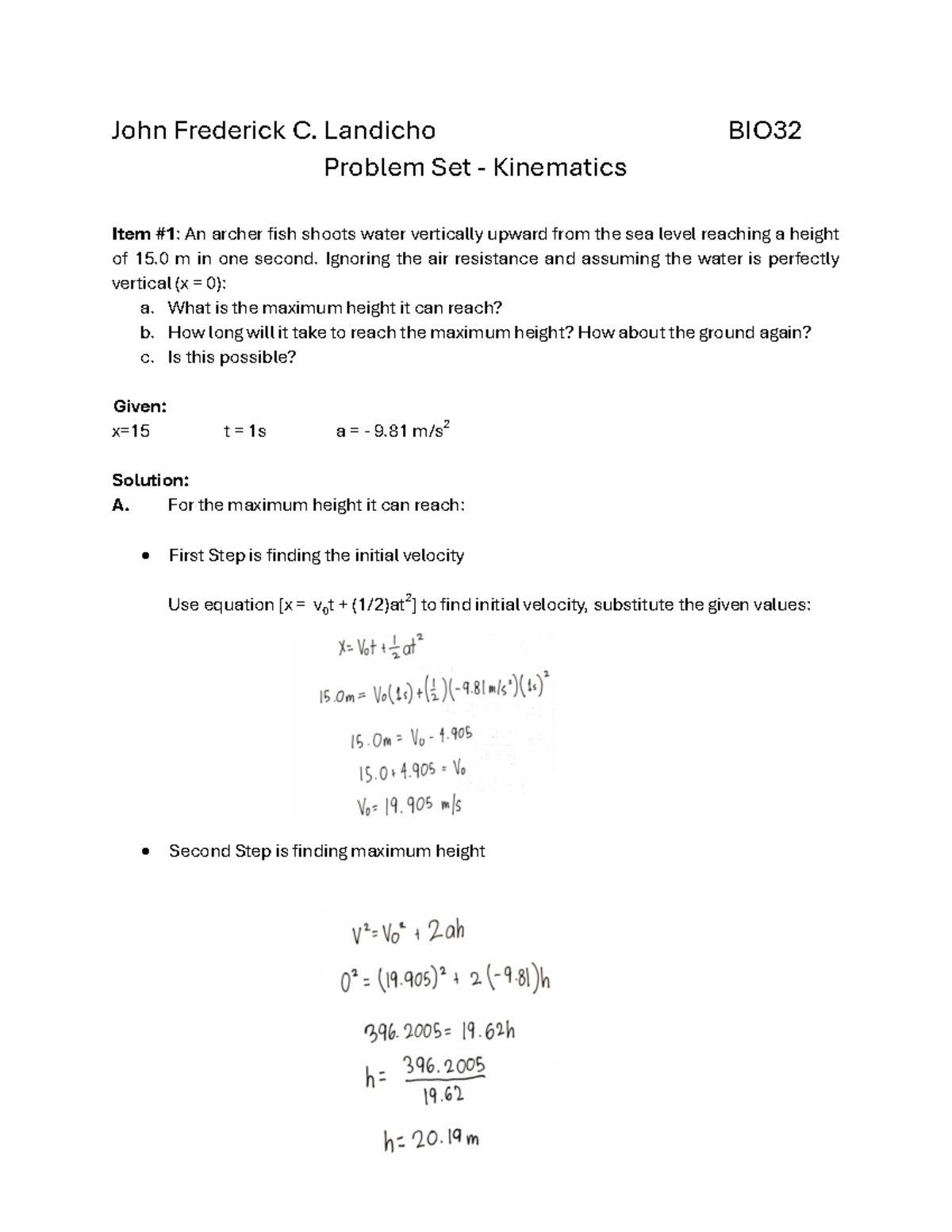 Assignment CP - Kinematics - John Frederick C. Landicho BIO Problem Set ...