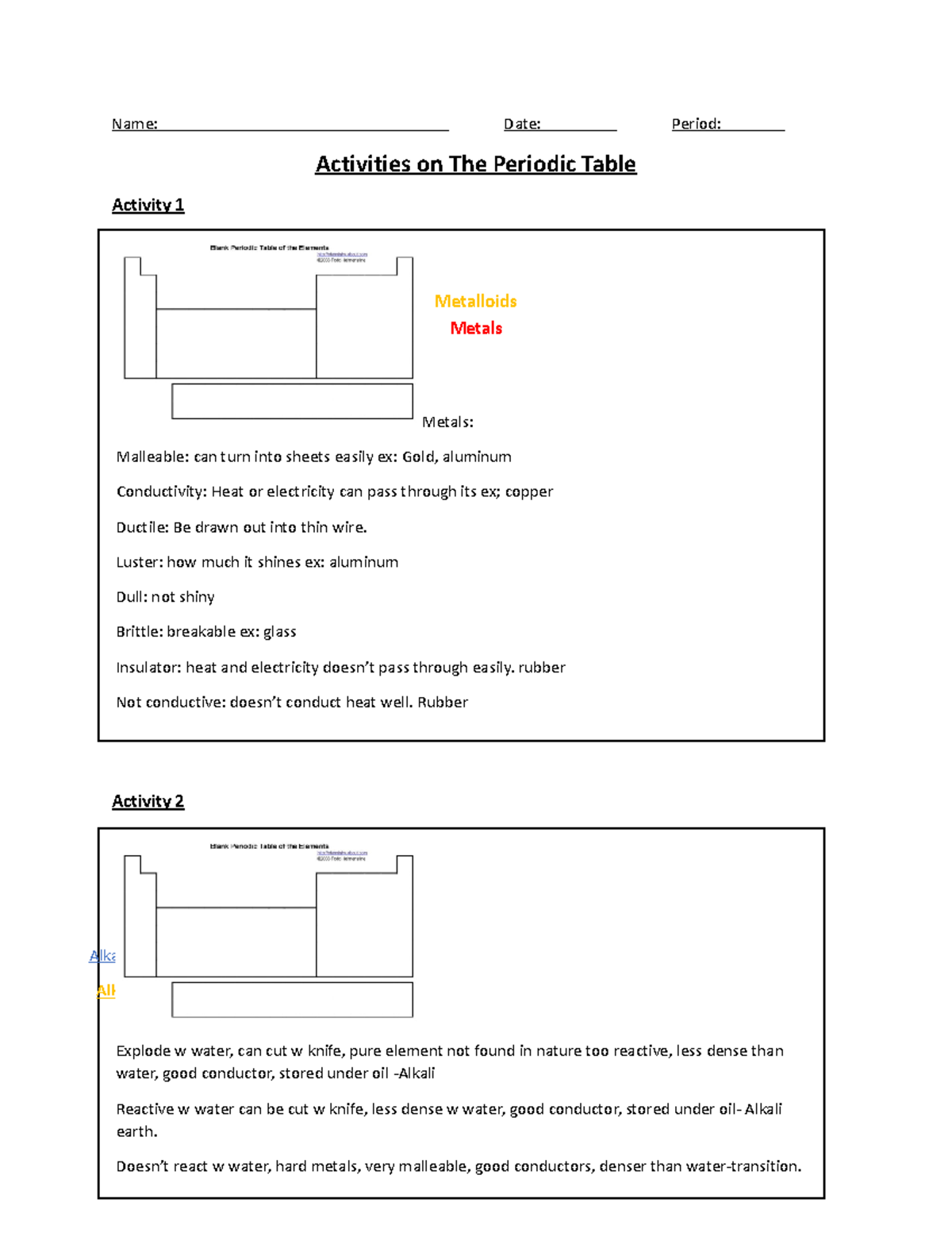 Activities on The Periodic Table - Name: Date: Period: Activities on ...