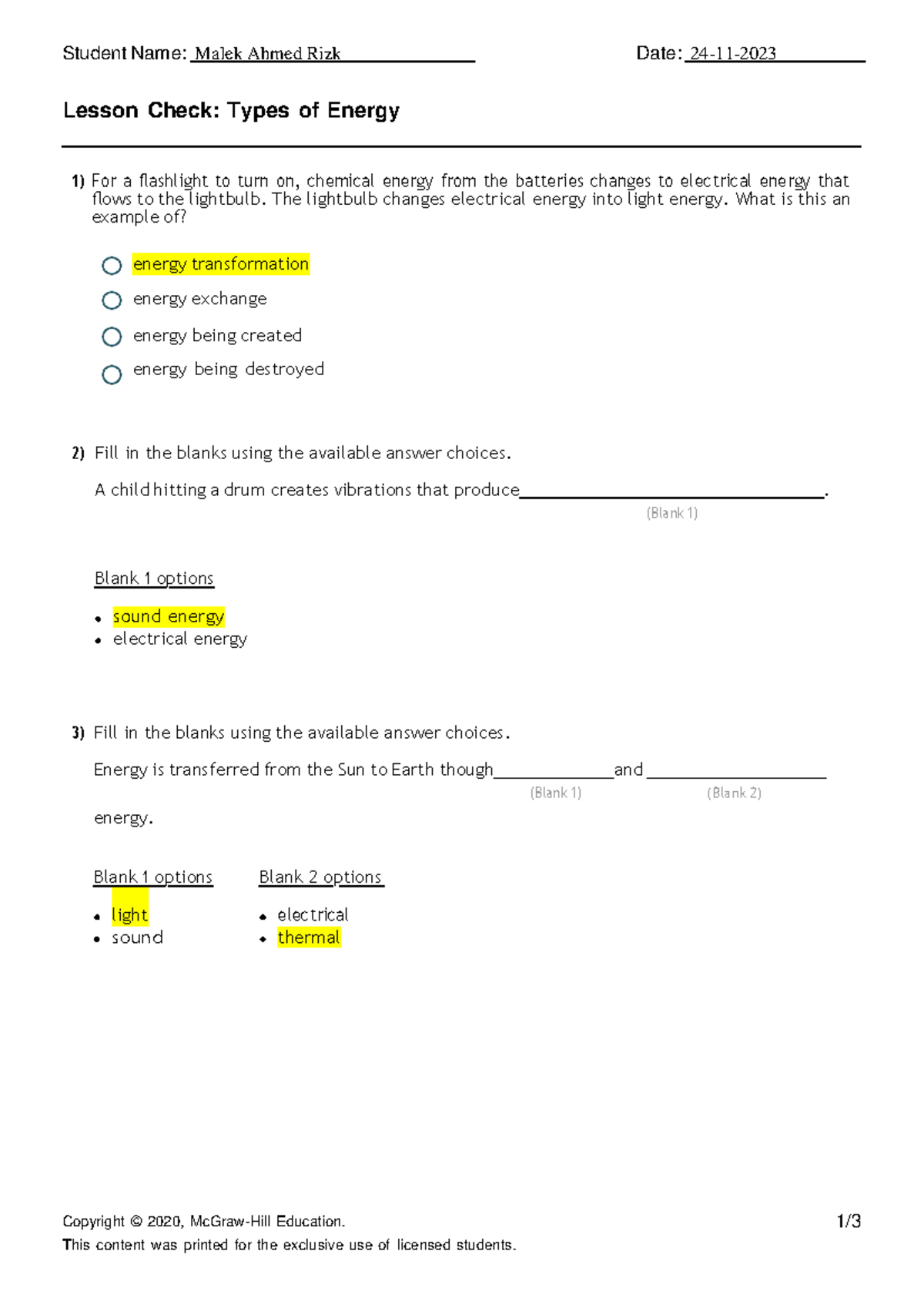 Science Solved sheet - Student Name: Malek Ahmed Rizk Date: 24 - 11 ...