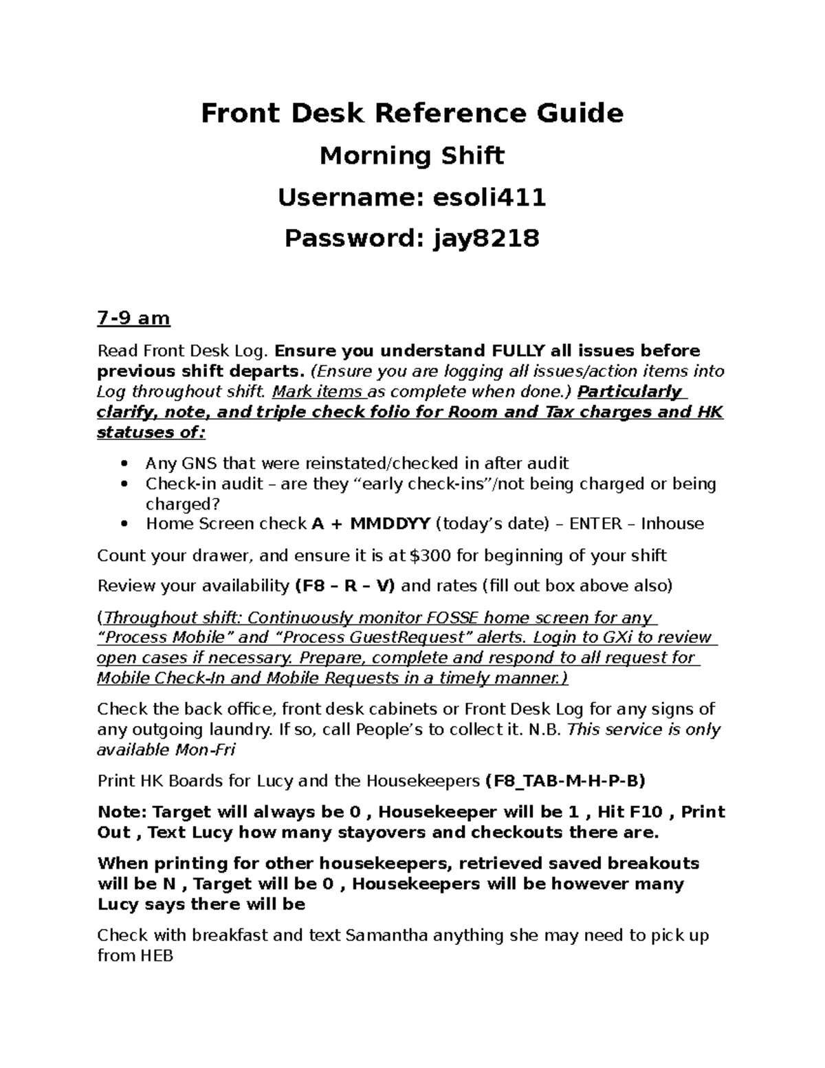 Front Desk Reference Guide - Front Desk Reference Guide Morning Shift ...