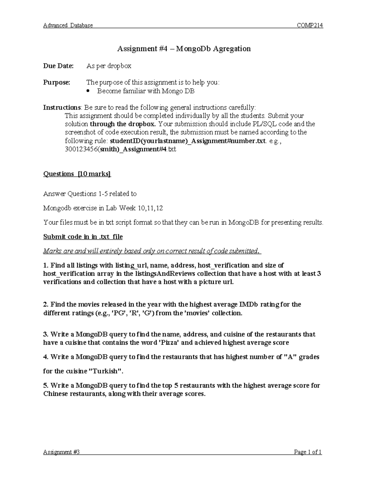 Assignment 4M2024-1 - Questions - Advanced Database COMP Assignment #4 – MongoDb Agregation Due ...