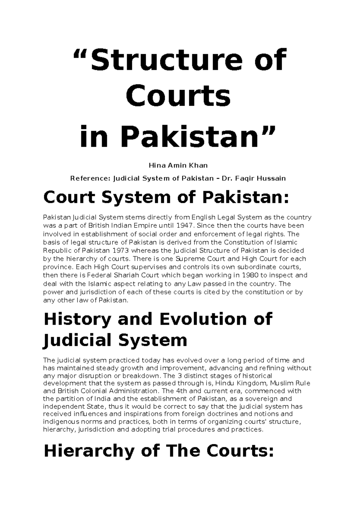 Structure of Courts - “Structure of Courts in Pakistan” Hina Amin Khan ...
