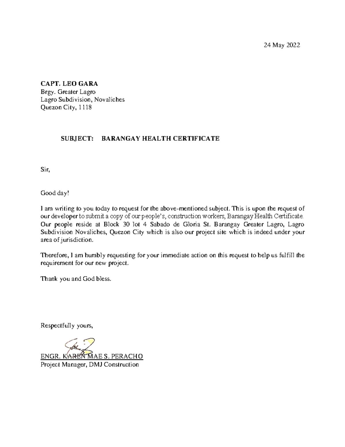 Request Letter - 24 May 2022 CAPT. LEO GARA Brgy. Greater Lagro Lagro ...