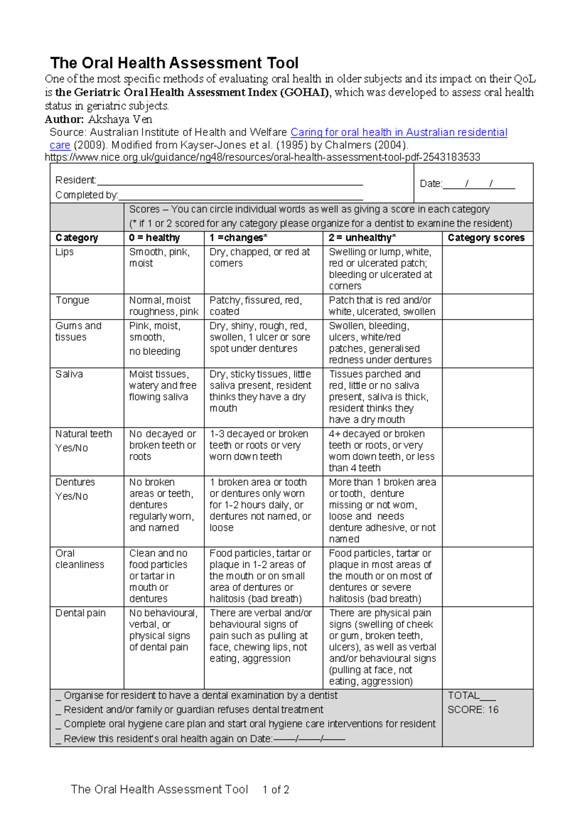 The Oral Health Assessment Tool 1 of 2 - Author: Akshaya Ven Source ...