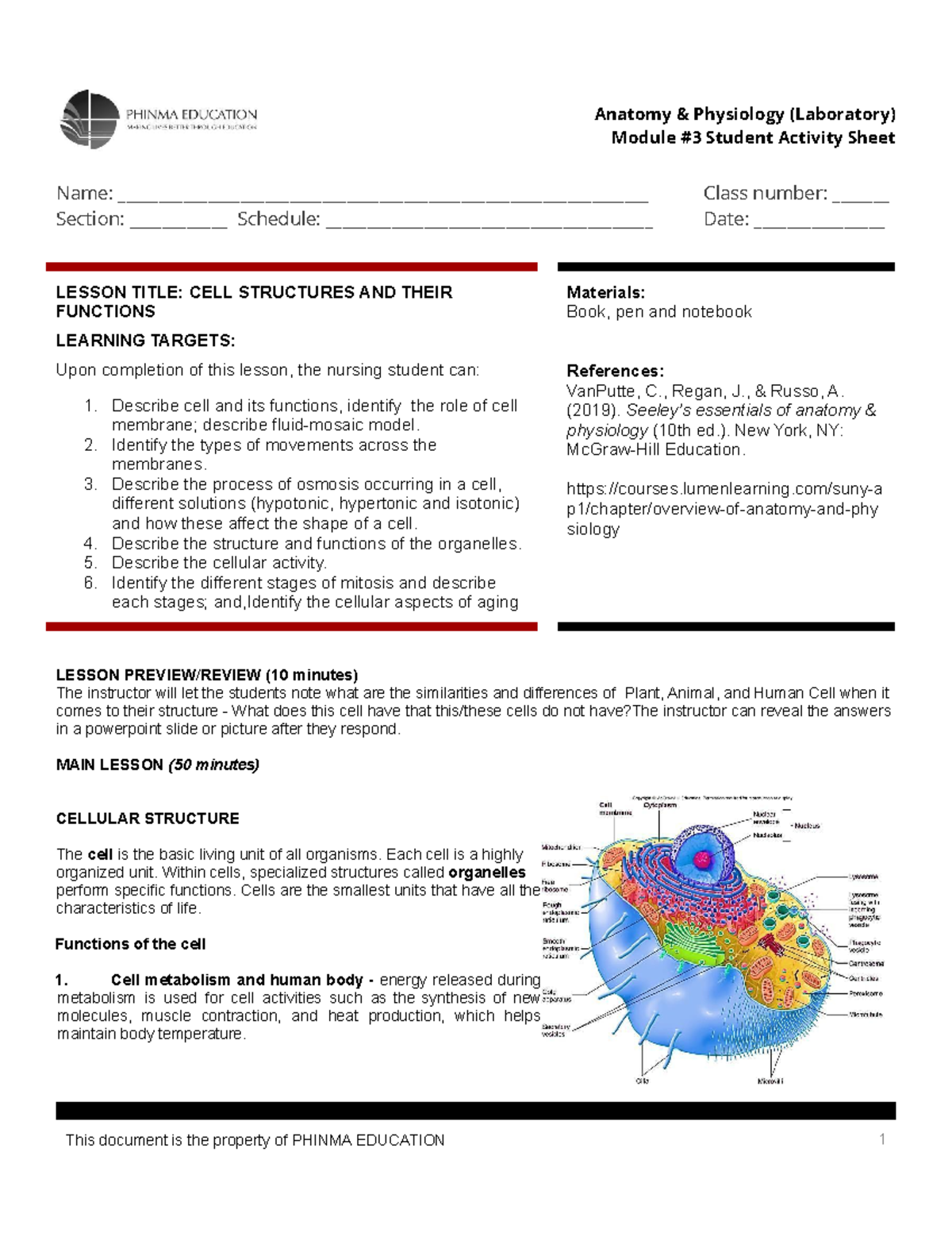 SAS 3 ( Cells) - Lec notes - Module #3 Student Activity Sheet Name ...