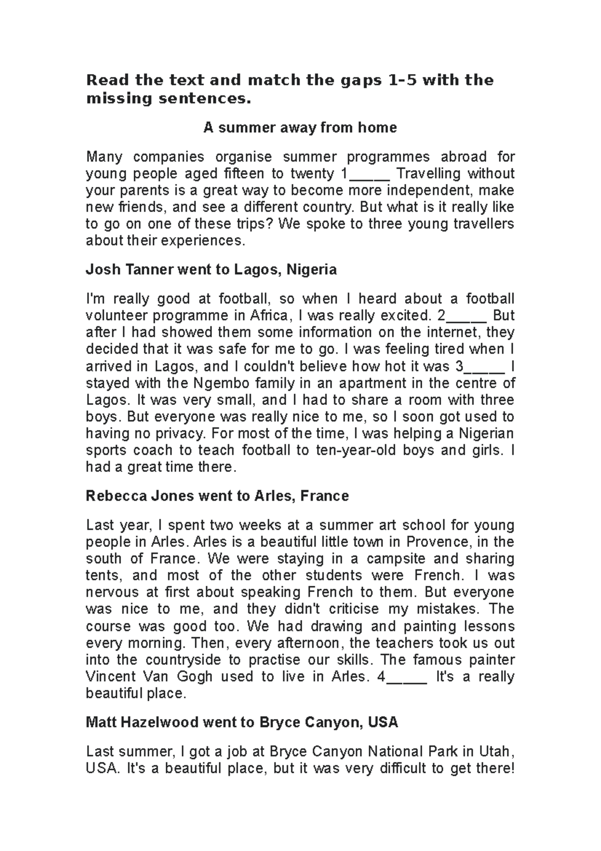 Reading -Intermedio 1 - JDJDJ - Read the text and match the gaps 1–5 ...