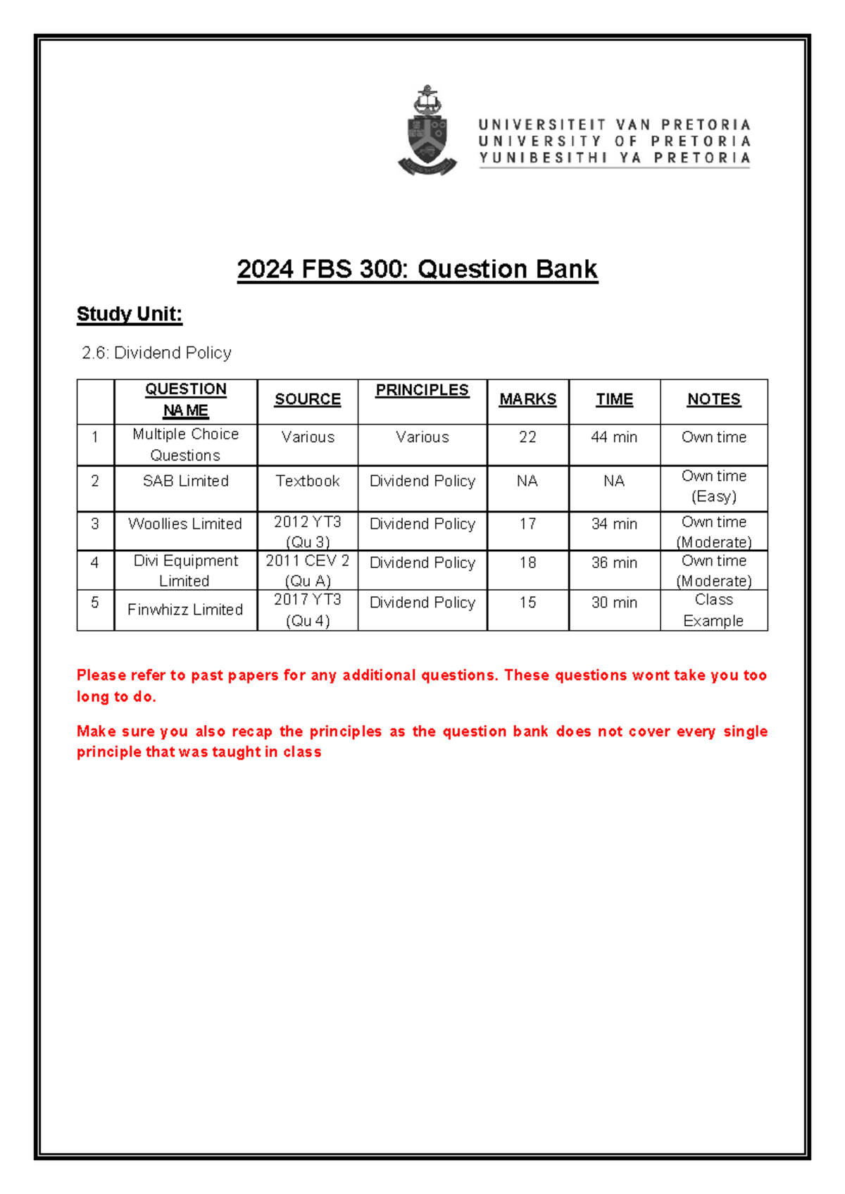 2024 FBS300 - Study Unit 2.6 - Dividend Policy - Questions - 2024 FBS ...