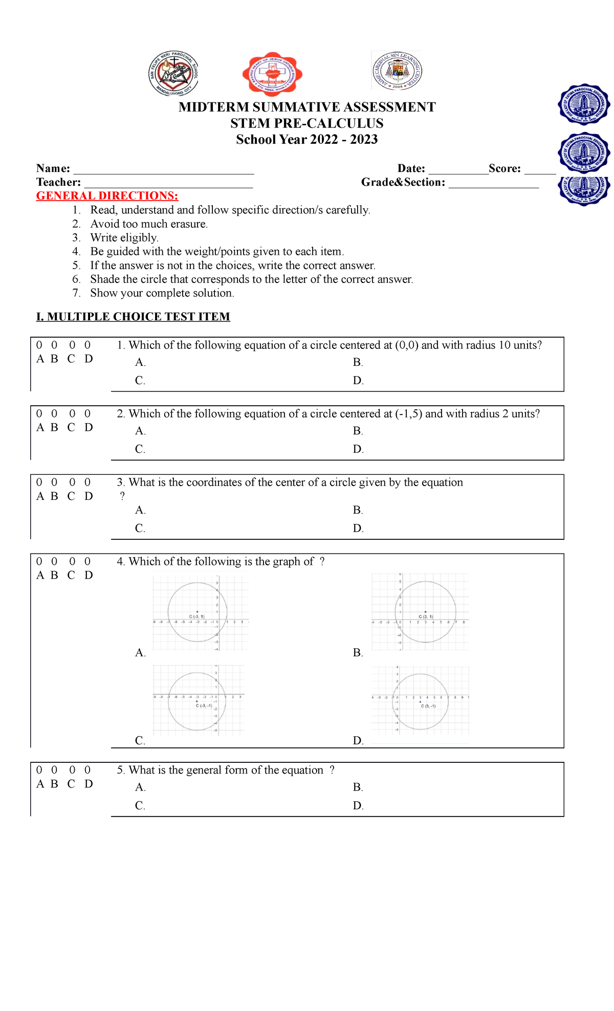 Precalculus 1st Quarter Summative Test - MIDTERM SUMMATIVE ASSESSMENT ...