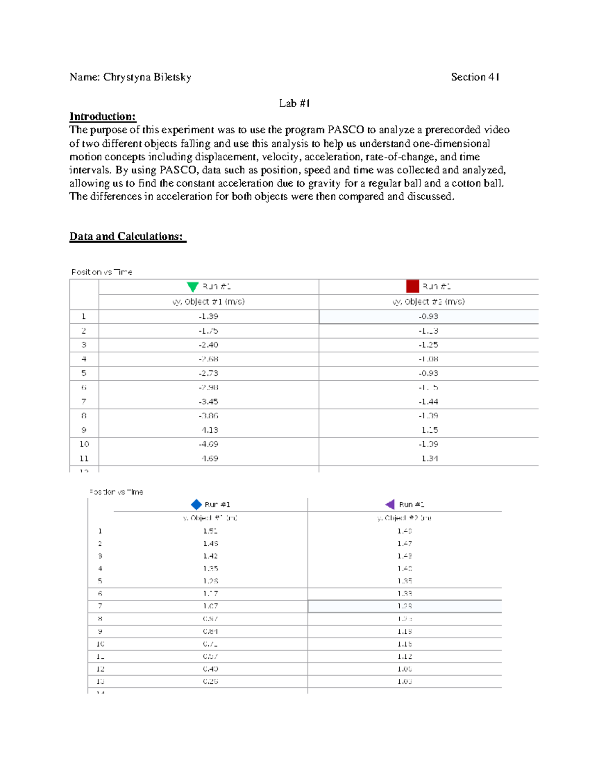 Lab 1 - Motion in One Dimension - Name: Chrystyna Biletsky Section 41 Lab # Introduction: The ...