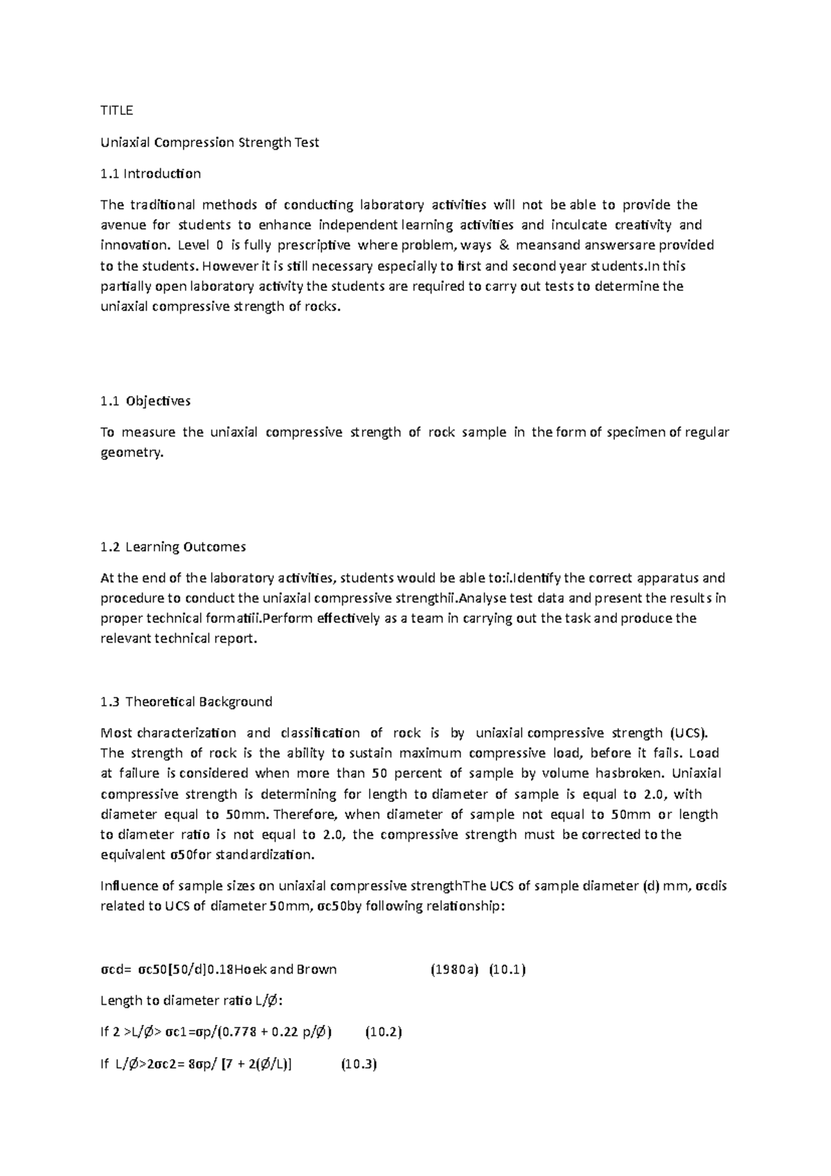 Uniaxial Compression Strength Test Preamble - TITLE Uniaxial ...