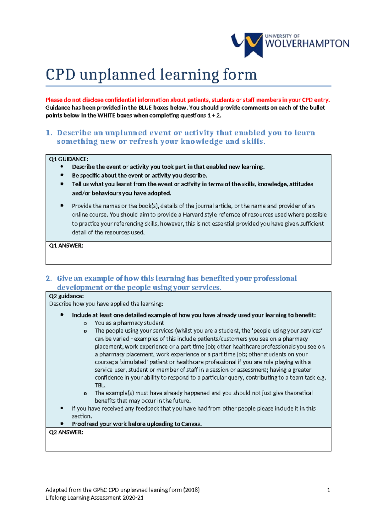 CPD Unplanned Learning Form -Template - CPD unplanned learning form ...