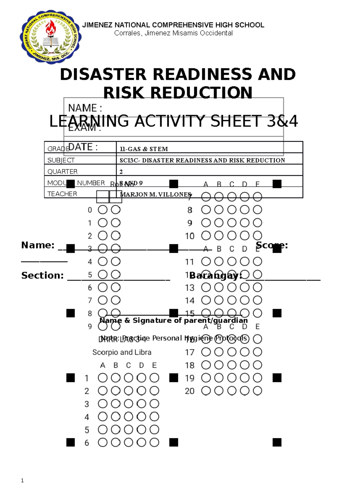 LAS DRRR 2ND Q 3 4 Learning Activity Sheets For Disaster Readiness