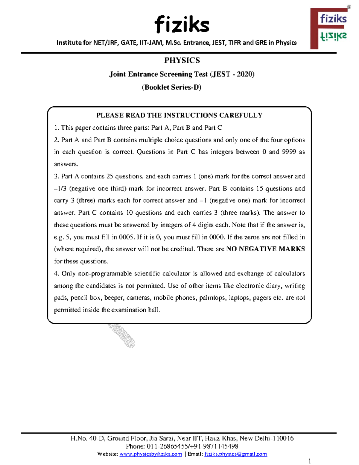 Jest 2020 Question And Solution Institute For Netjrf Gate Iit‐jam