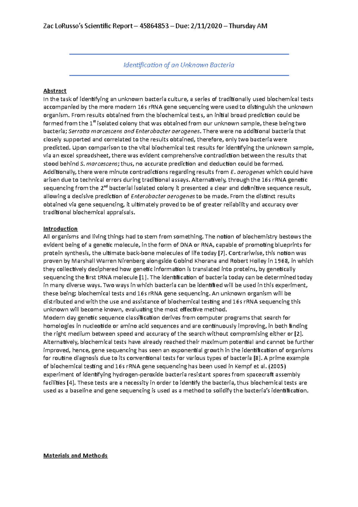 Scientific Report - BMOL2401 - Identification of an Unknown Bacteria ...