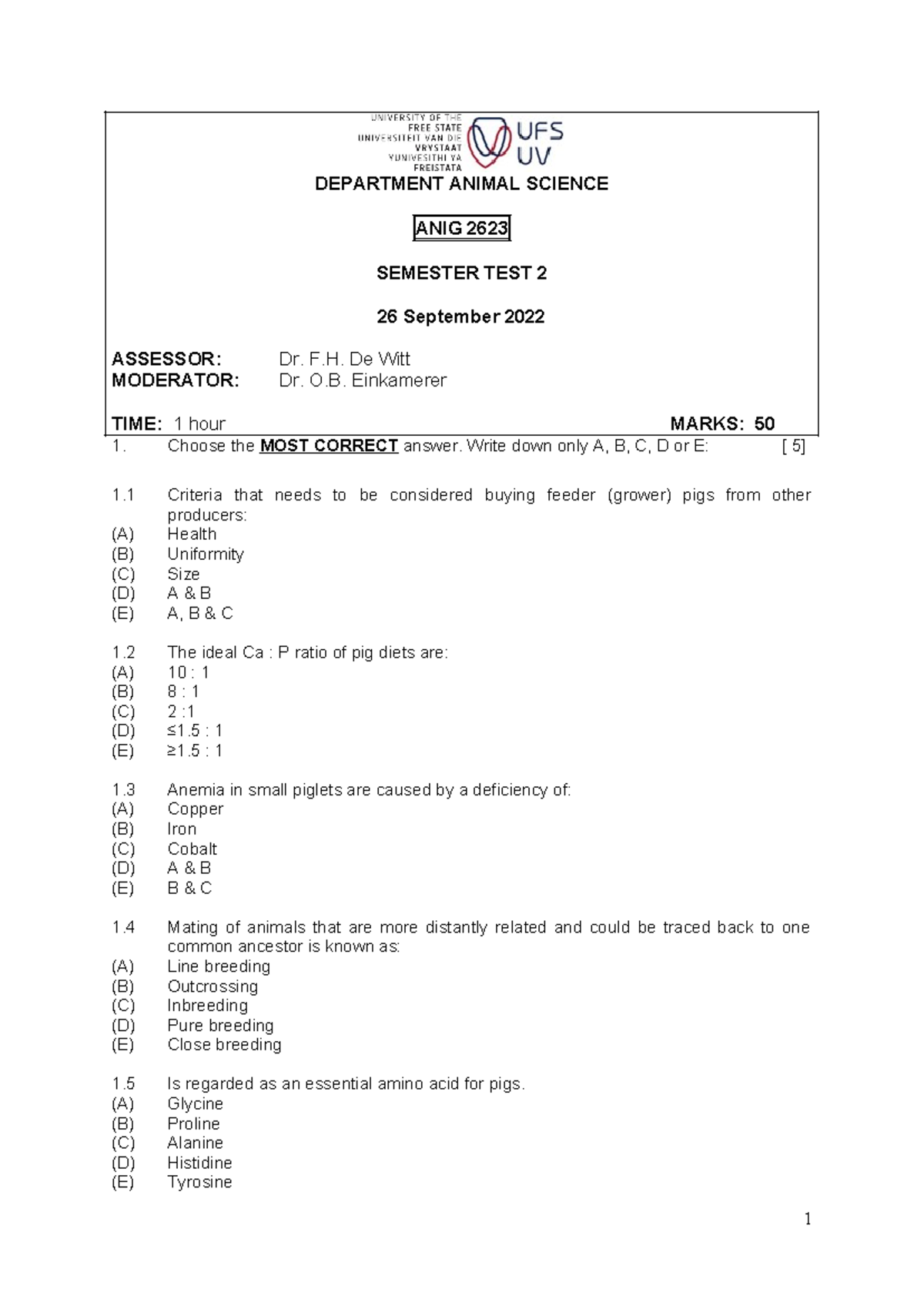 22ANIG2623 Semester test 2 (26 September 2022) - DEPARTMENT ANIMAL ...