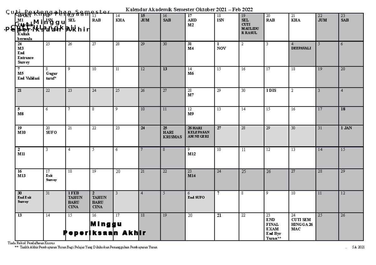 Planner Semester Oct 2021 Feb 2022 Kalendar Akademik Semester Oktober