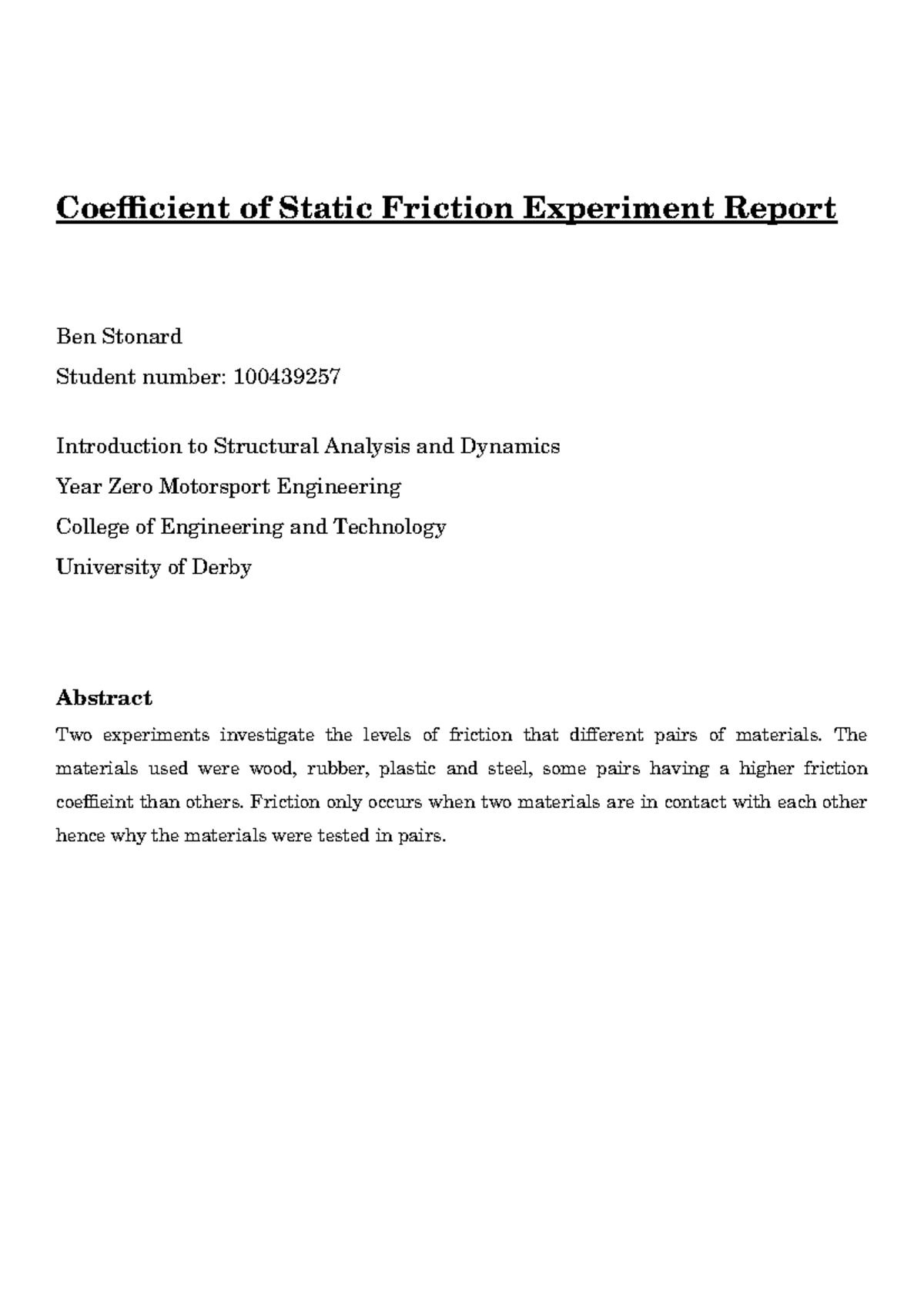 Friction Experiment Report - Coefficient Report of Static Friction ...