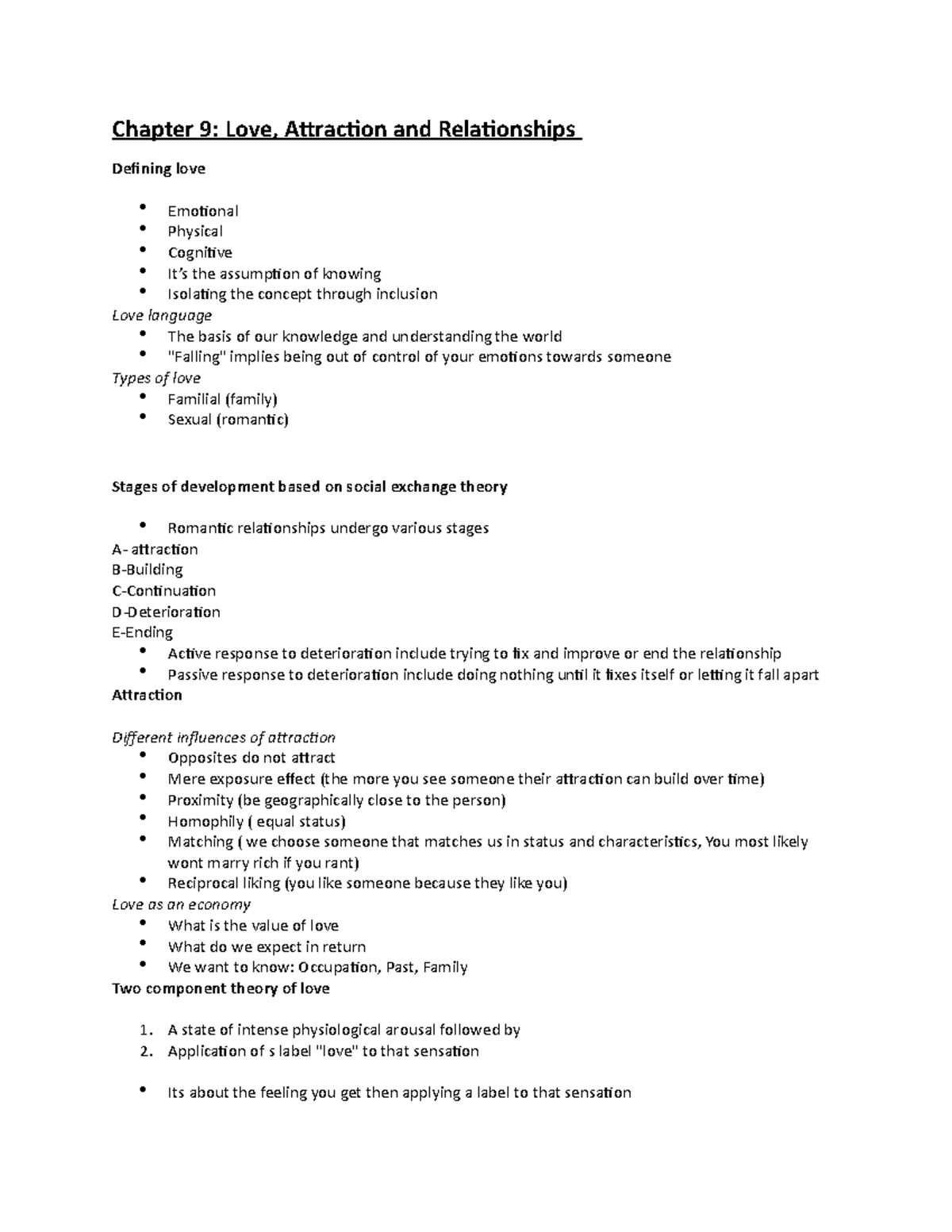 Human sexuality CH. 9 - Lecture notes 9 - Chapter 9: Love, Attraction ...