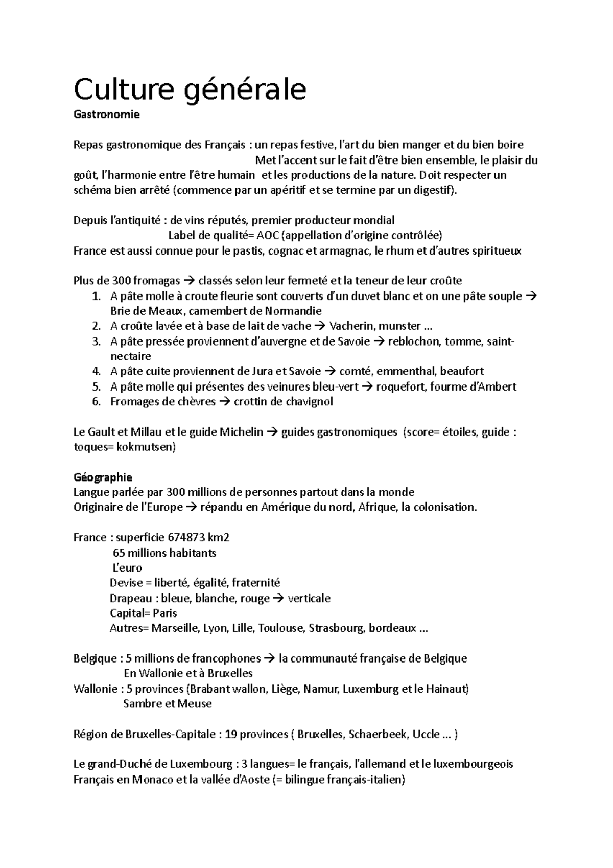 Culture générale - Samenvatting van de cultuur - Culture générale ...