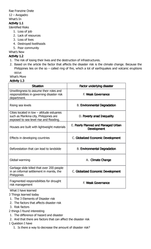 DRRR 10 Activity - SENIOR HIGH NOTES - HAZARD RISK PROBABILI TY IMPACT ...