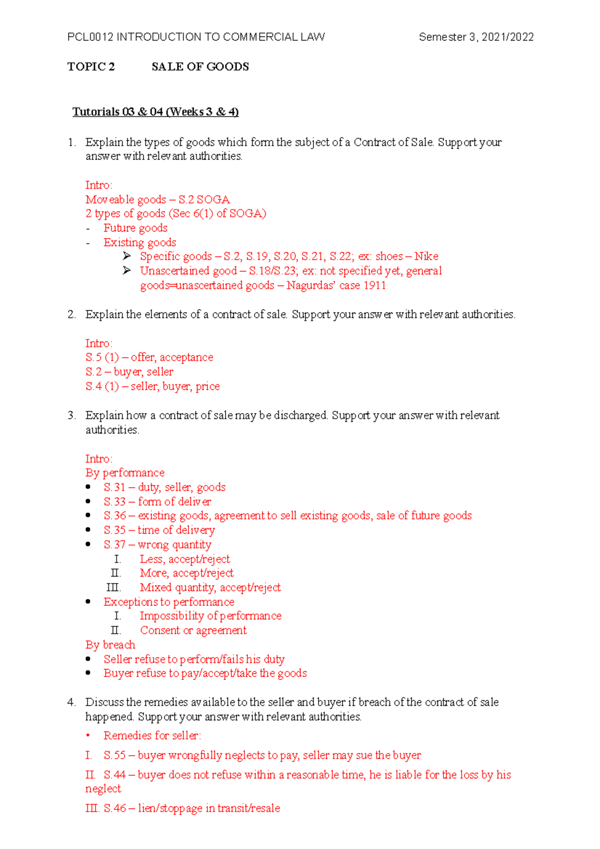 Tutorial 2 PCL - PCL0012 INTRODUCTION TO COMMERCIAL LAW Semester 3 ...