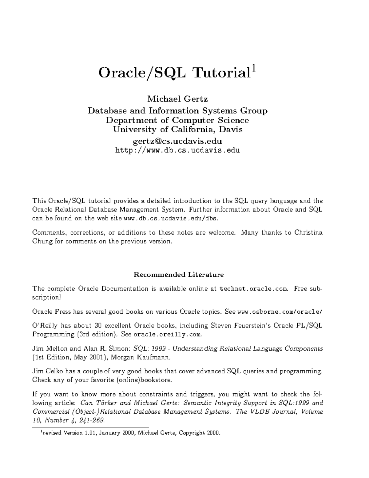 0000 - Sql notes - Oracle/SQL Tutorial 1 Michael Gertz Database and ...