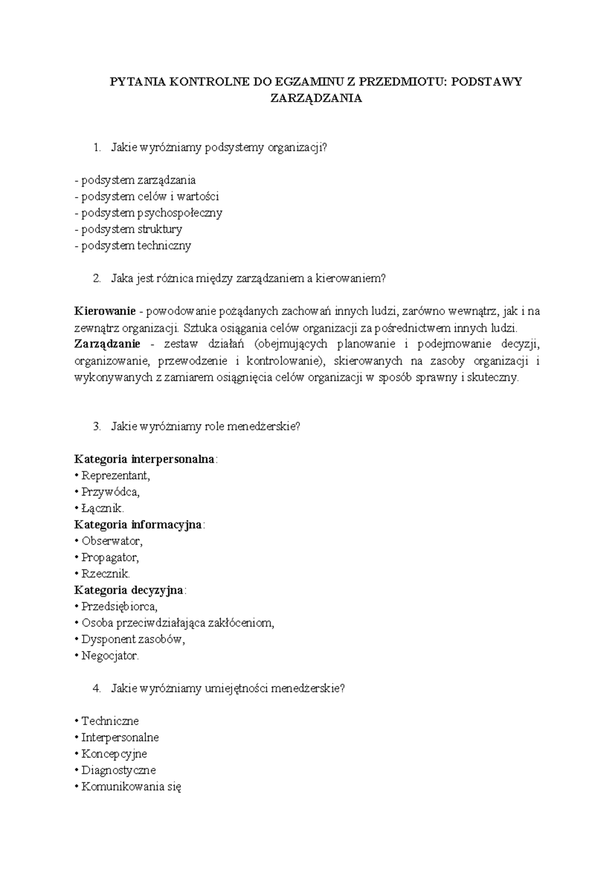 Pytania Podstawy Zarzadzania - PYTANIA KONTROLNE DO EGZAMINU Z PRZEDMIOTU: PODSTAWY ZARZĄDZANIA ...