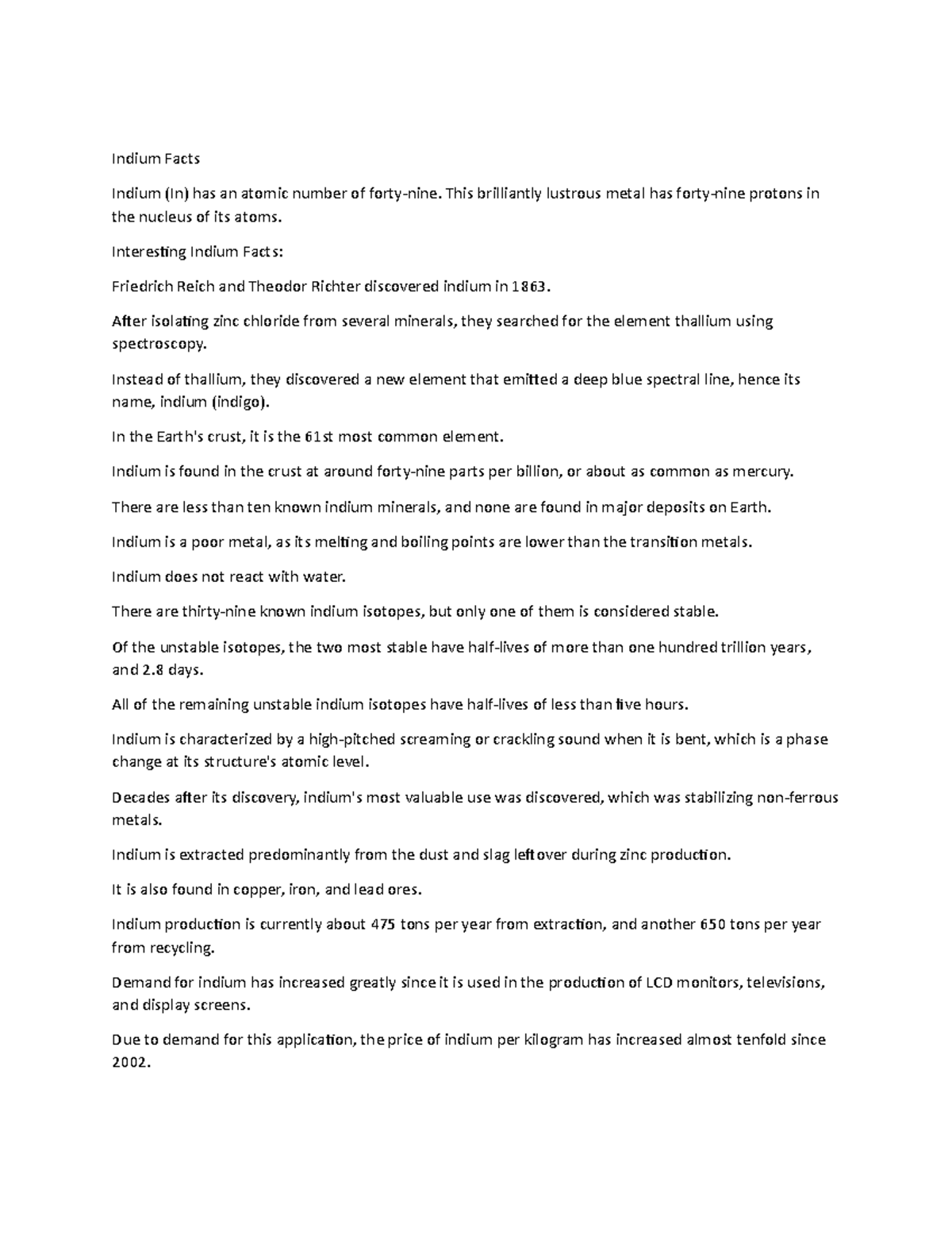 Indium Facts - Lecture notes 10 - Indium Facts Indium (In) has an ...