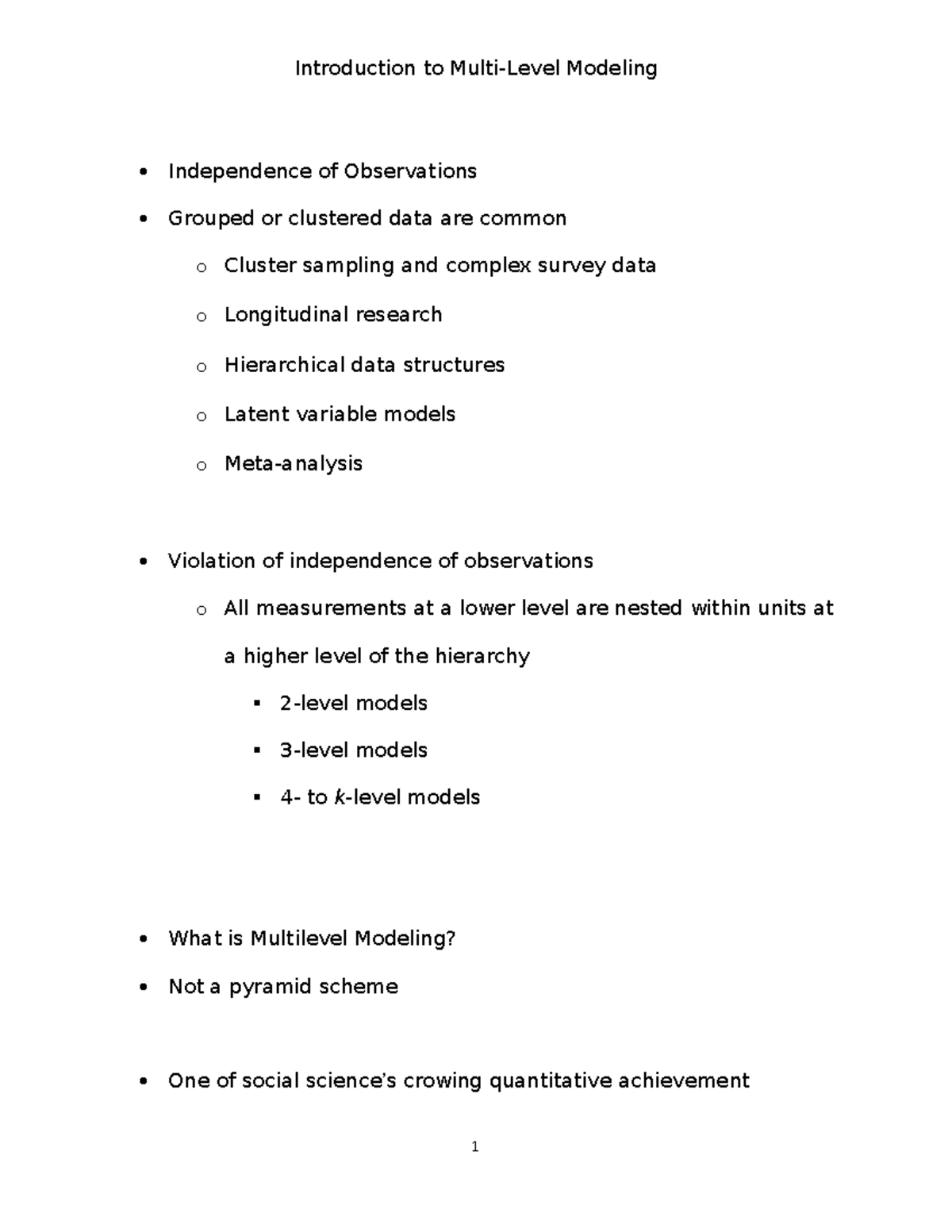 Introduction to Multi-Level Modeling I - Independence of Observations ...