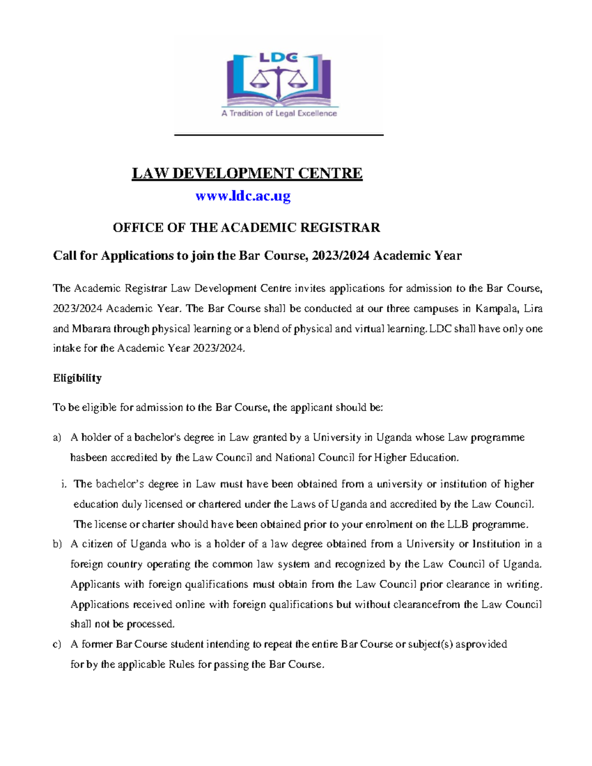 Call for applications Bar Course 2023 2024 - Final - LAW DEVELOPMENT ...