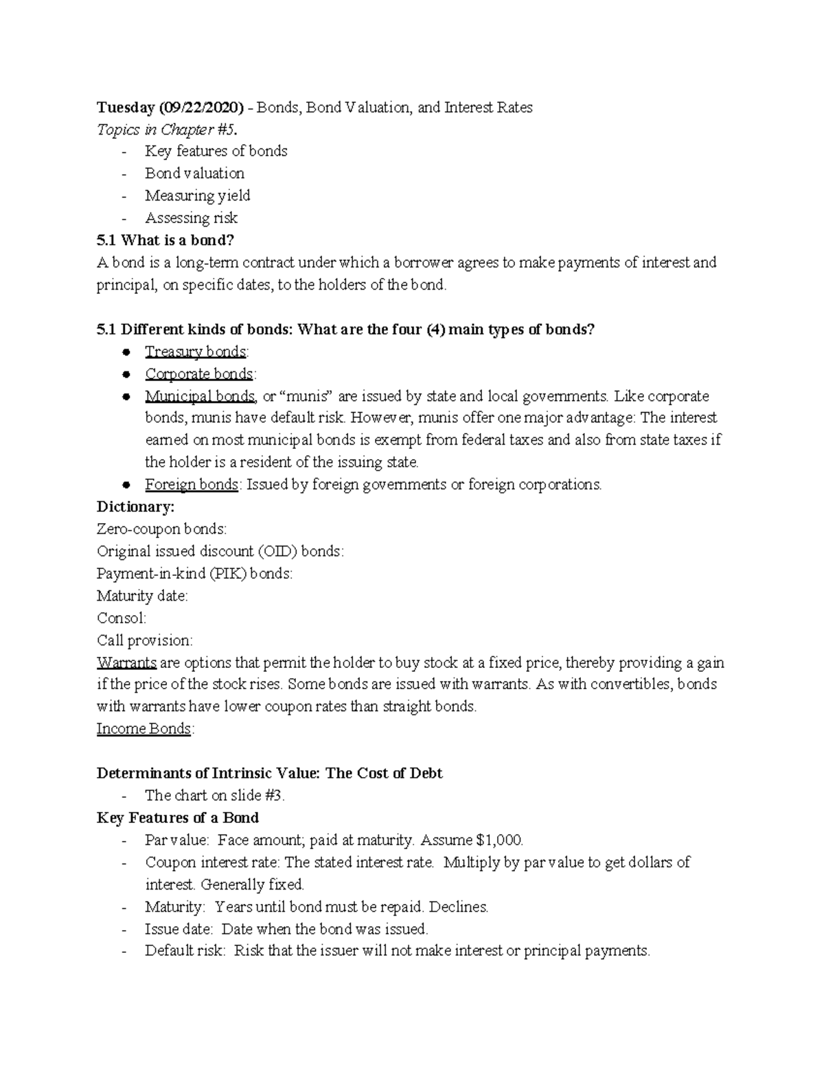 Chapter 5. Notes - Tuesday (09/22/2020) - Bonds, Bond Valuation, and ...
