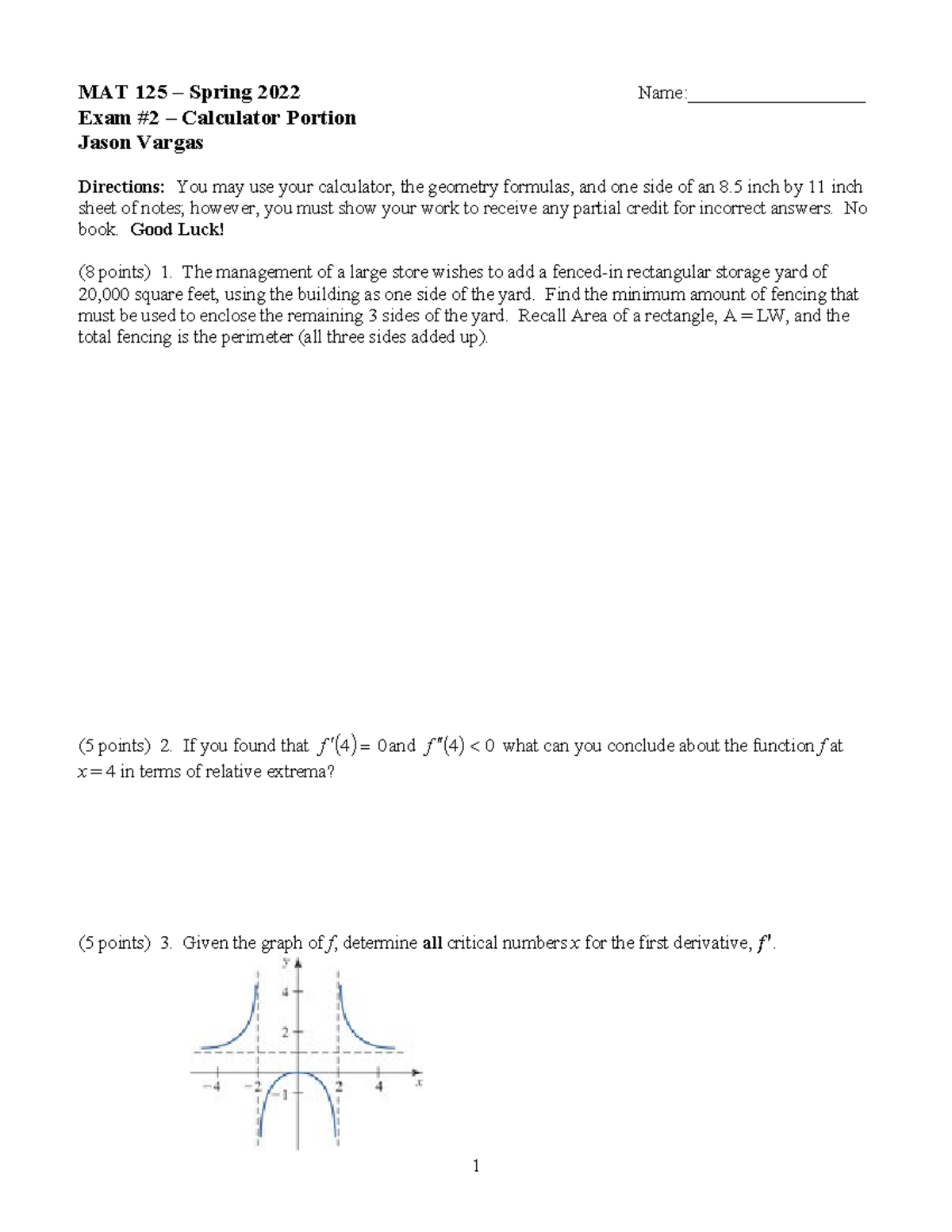 Survey Calc Exam 2 - MAT 125 – Spring 2022 Name ...