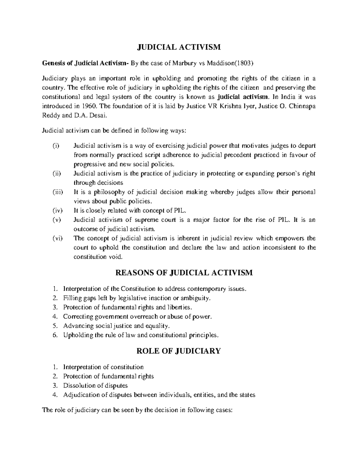 Module 2 PIL - notes - JUDICIAL ACTIVISM Genesis of Judicial Activism ...