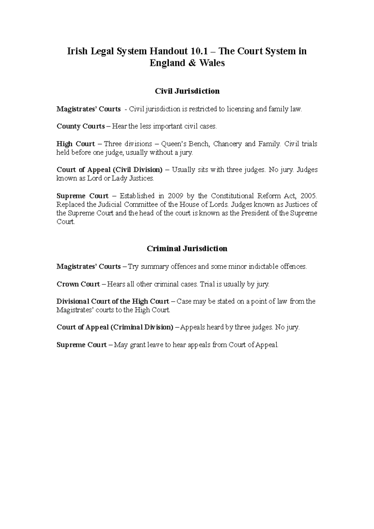 ILS - UK courts - Irish Legal Systems - Irish Legal System Handout 10 ...