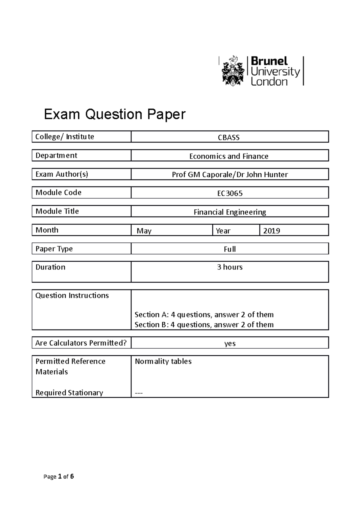 EC3065 May 2019 - May final exam paper - questions - Exam Question ...